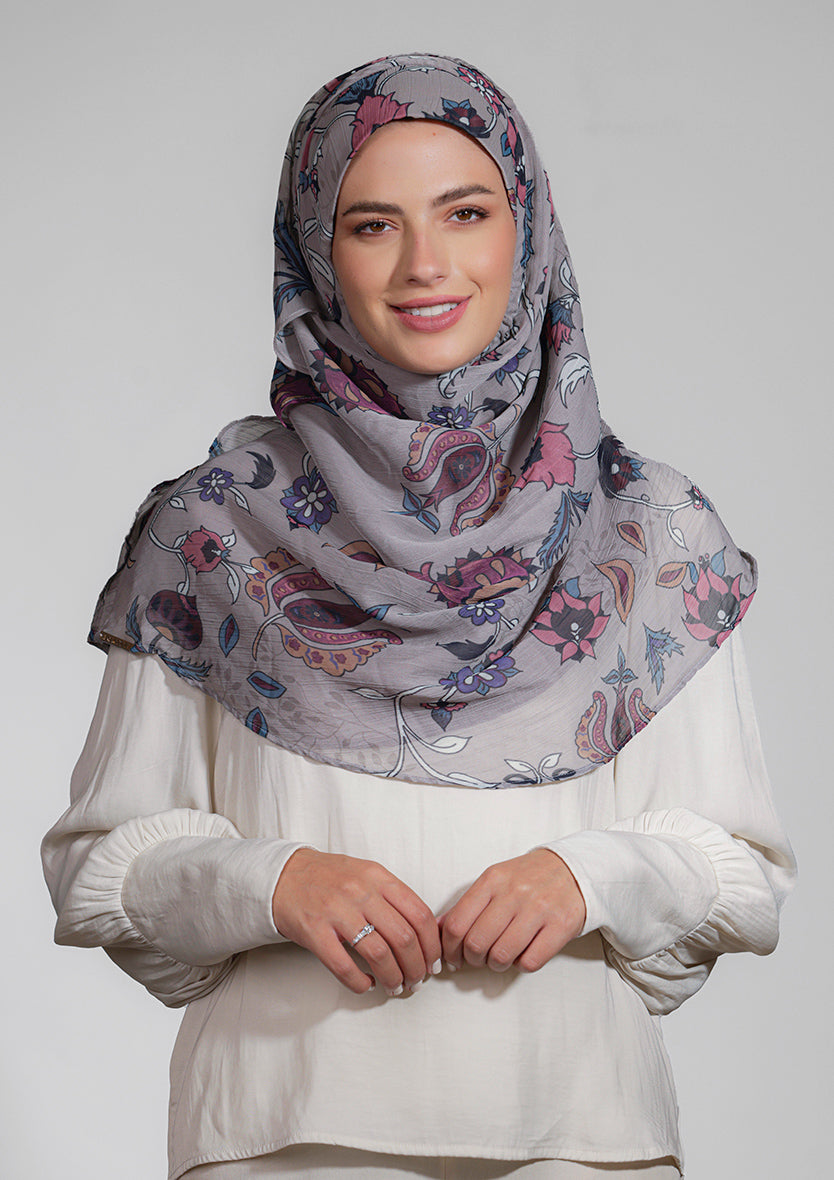 Rummana gray Printed Crinkled Chiffon instant Bokitta hijab – BOKITTA